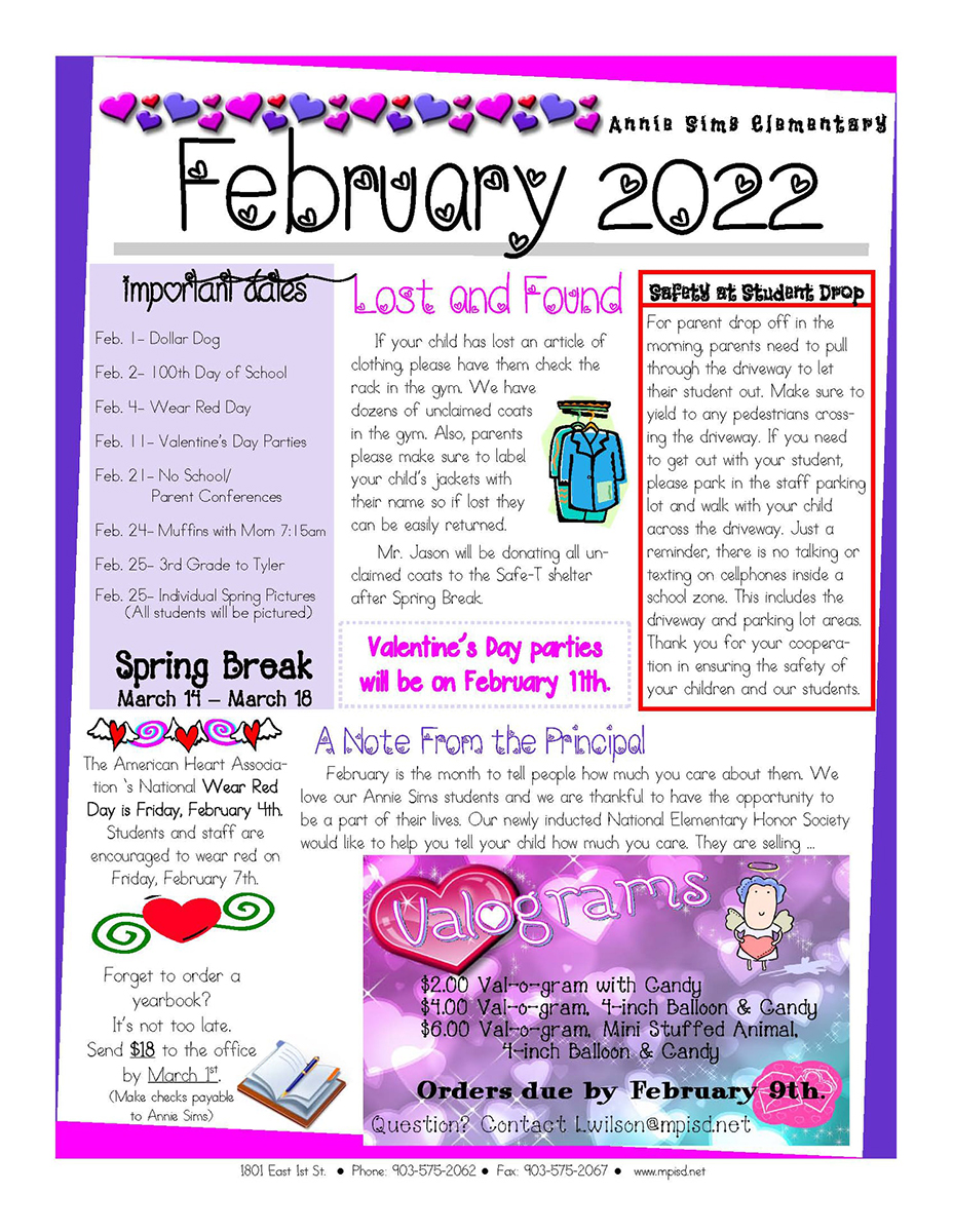 February 2022 Newsletter – Annie Sims Elementary School February 2022 Newsletter – Annie Sims Elementary School